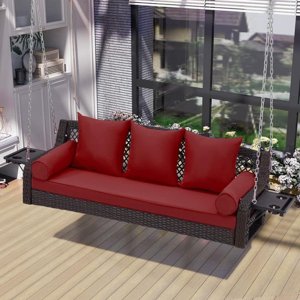 Zeus & Ruta 3 Seat Wicker Porch Swing, Patio Swing with Cup Holders and ...