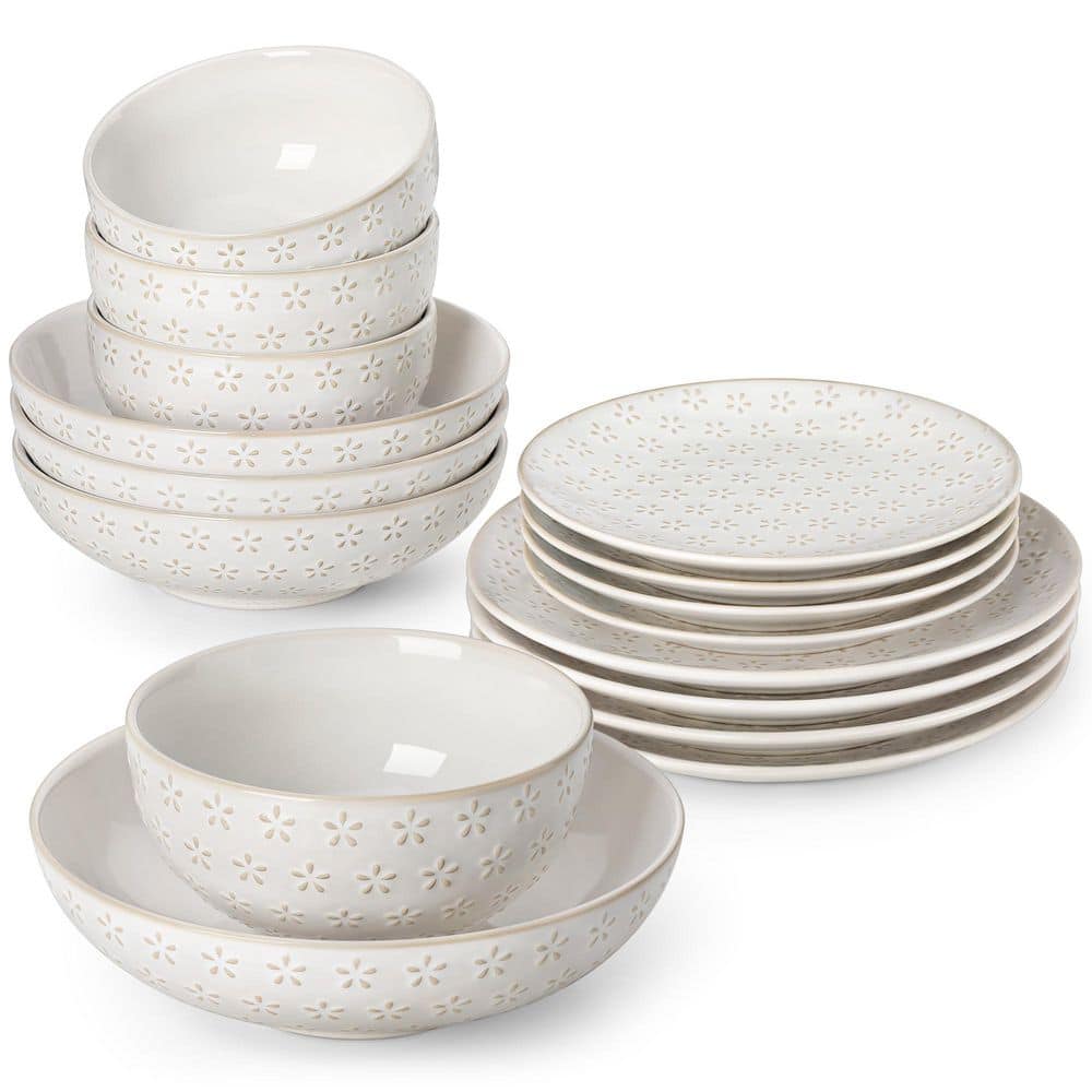 vancasso 16-Piece White Stoneware Dinnerware Set Service for 4-Embossed ...