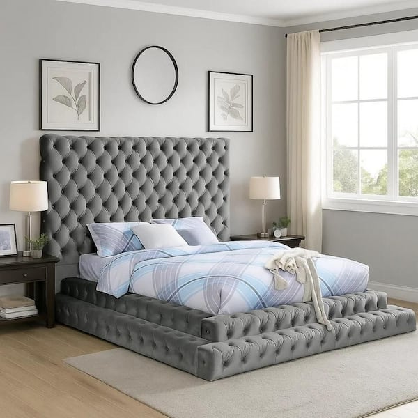 Benjara Steph Gray Metal Frame Queen Panel Bed with Upholstery ...