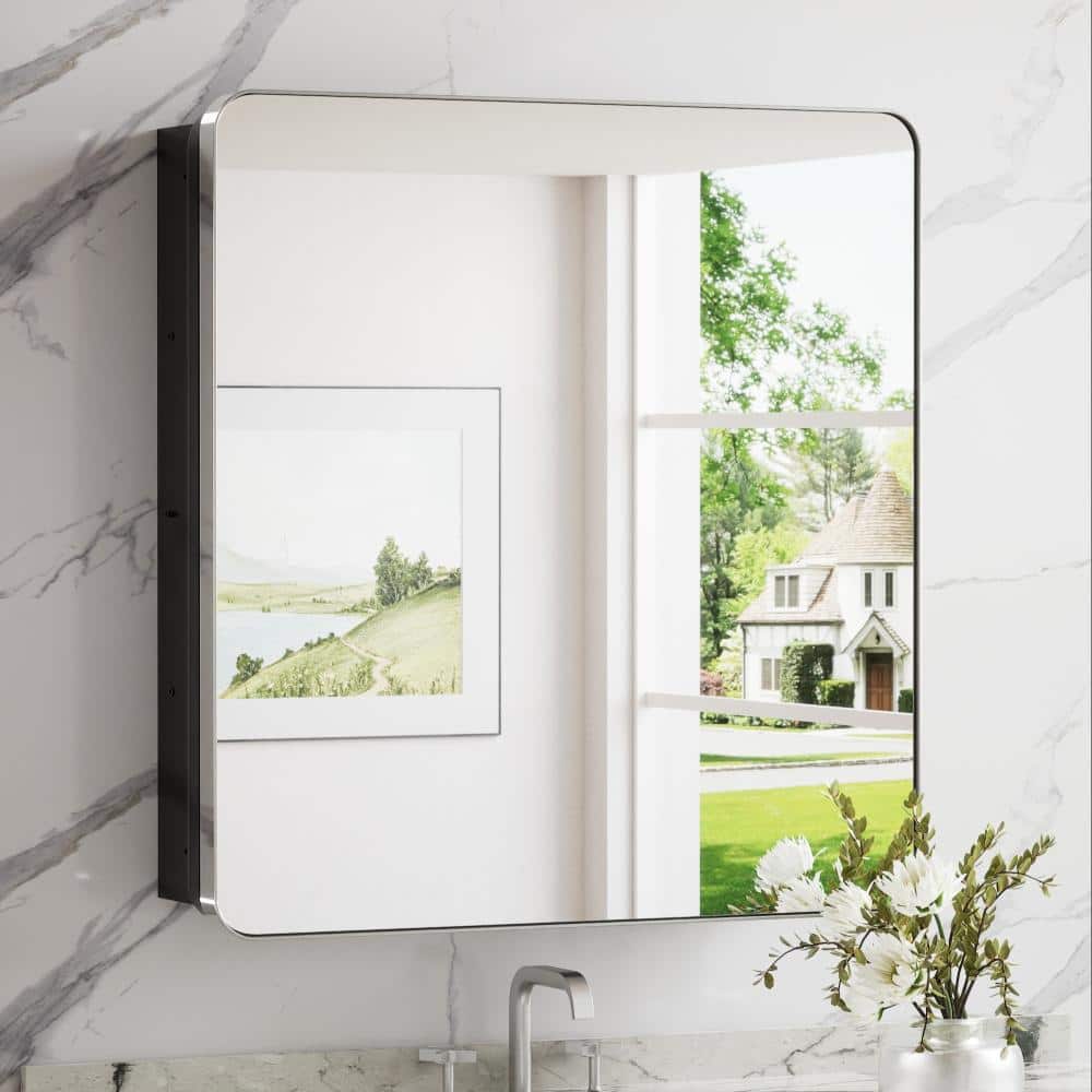 KEONJINN 30 in. W x 32 in. H Rectangular Chrome Stainless Steels Framed ...