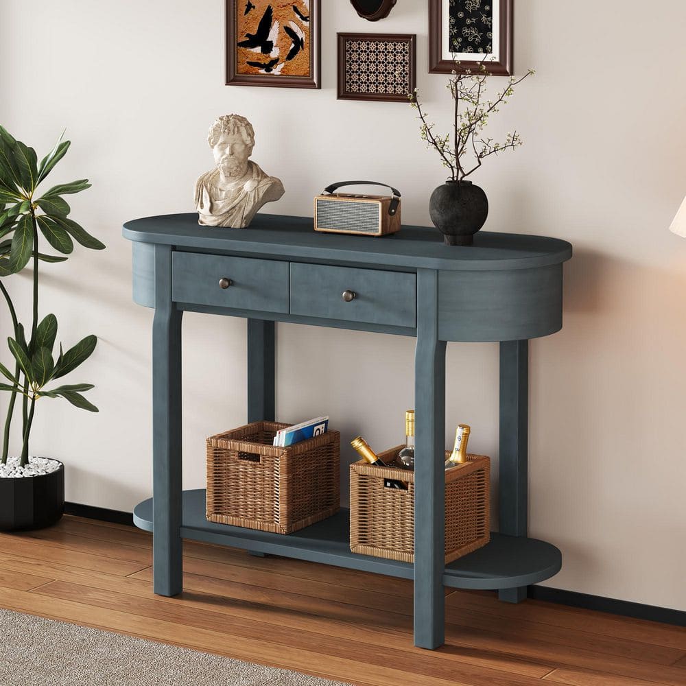 Nestfair 40 in. L Navy Oval MDF Console Table with Smooth Glaze ...