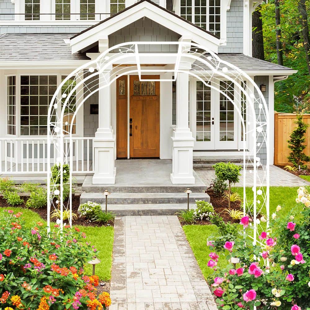 98.4 in. Metal Outdoor Arch Cream White Garden Arbor Trellis ZN-2612 ...
