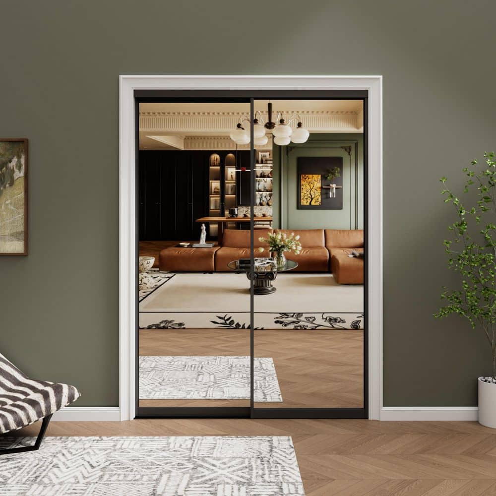 ARK DESIGN 48 in. x 80 in. 1-Lite Black Mirrored Glass and Aluminum ...