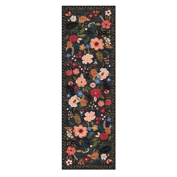 2 X 6 Black Washable Boho Floral Runner Rug for Hallways Kitchen Rug ...