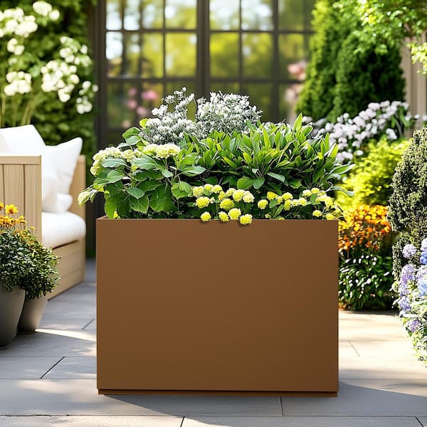 TUYOHW Tall 16 in. Metal Planter Box-Brown Rectangle Outdoor Plant Pot ...