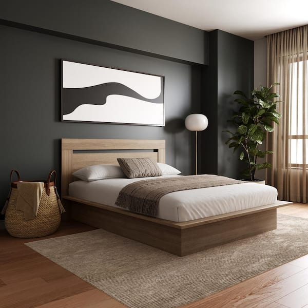 Nexera Malibu Brown Oak Wood Frame Queen Size Platform Bed with Headboard 403074