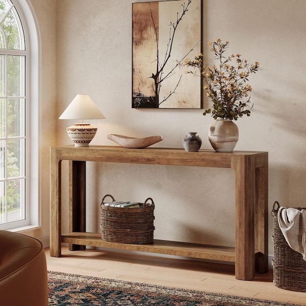 BYBLIGHT Turrella 63 in. Rustic Brown Rectangle Wood Console Table with ...