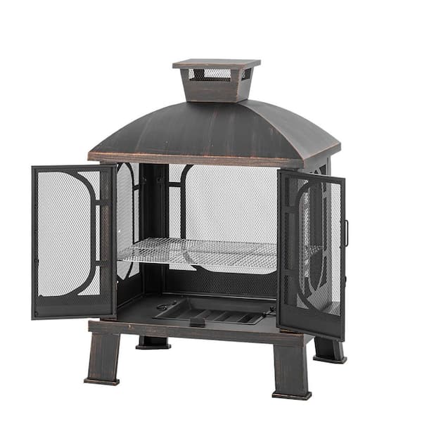 OGETFUUR 44.3 in. Metal Chiminea Fire Pit with Grill, Outdoor Wood ...