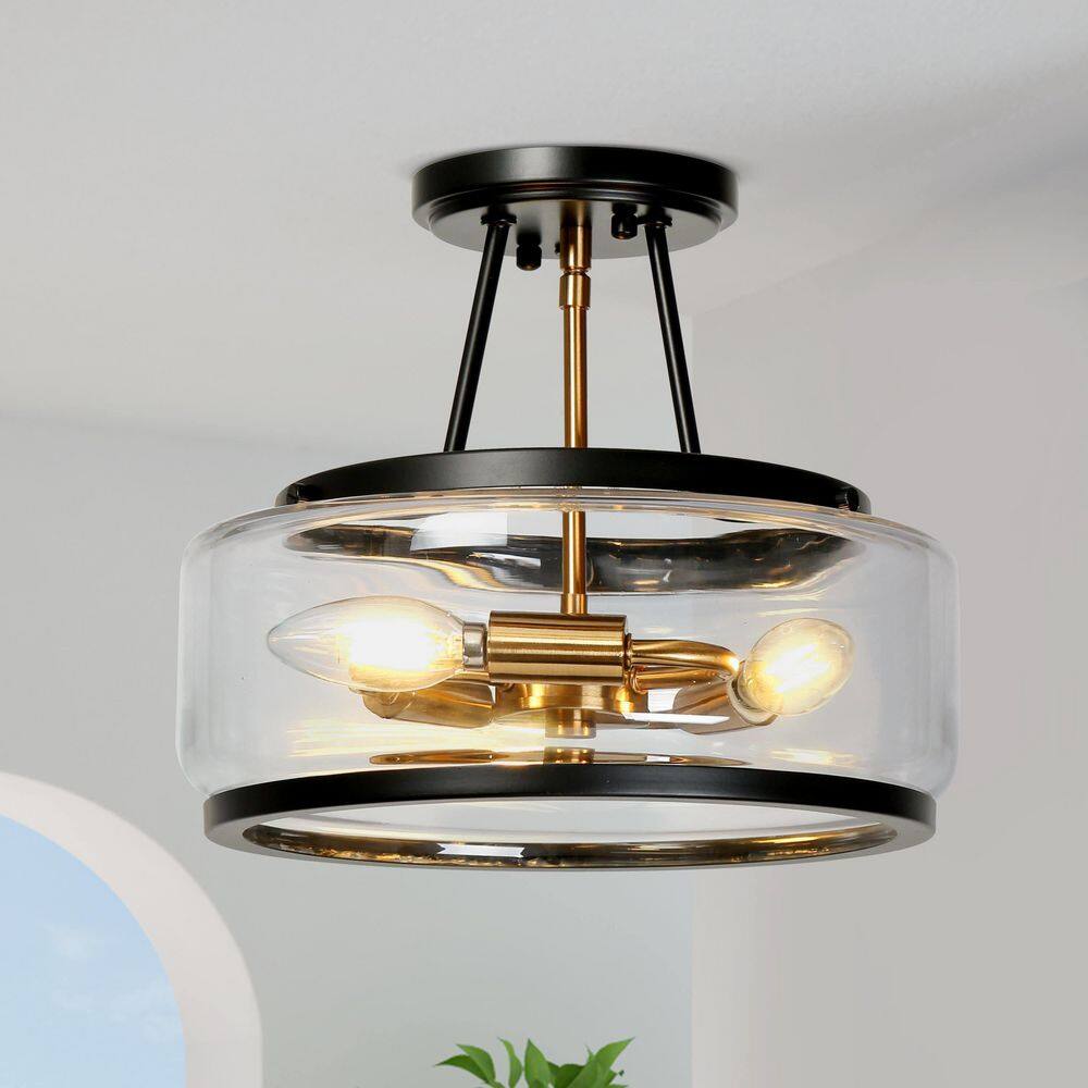 Uolfin Modern Black and Brass Round Ceiling Light 3-Light Dome Semi ...