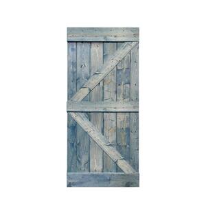 CALHOME K Series 36 in. x 84 in. Solid Denim Blue Stained Pine Wood Interior Sliding Barn Door ...