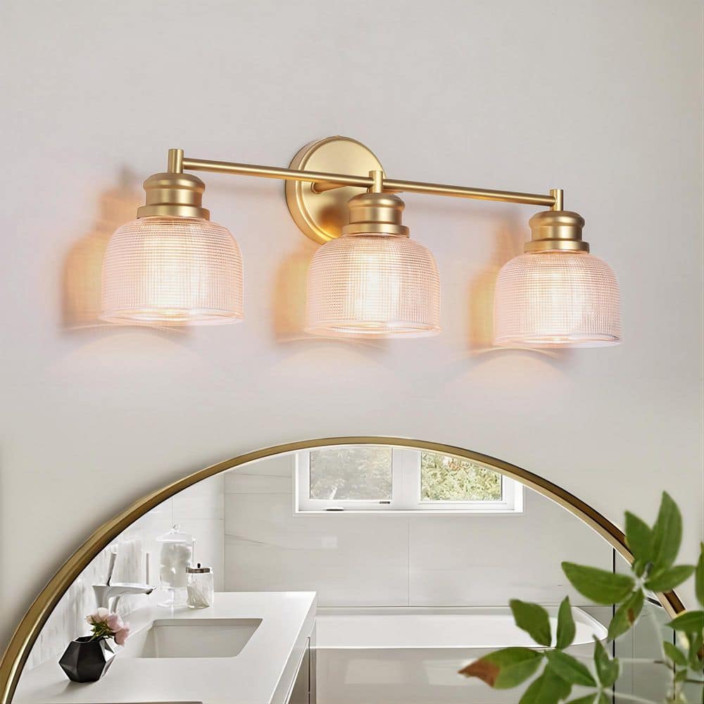 Rennnsan Shannon 23.8 in. W 3-Light Brass Modern Bell Grid Glass ...