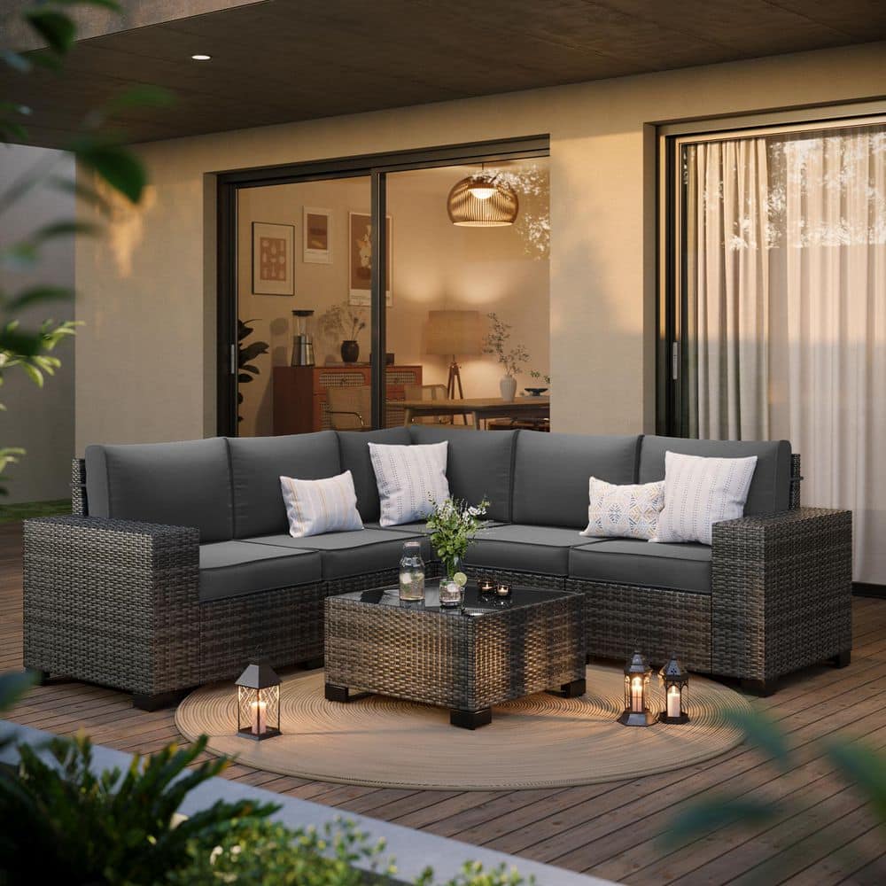 ELPOSUN 5-Person Modular Wide Armrest Outdoor Rattan Sectional Seating Group HDNBCS092GRYOS-DGR ...