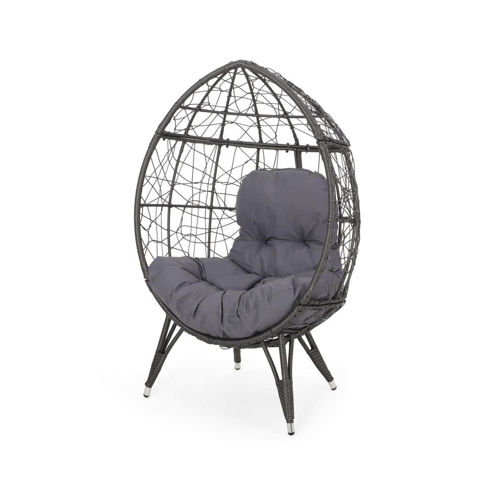 Gray Wicker Outdoor Lounge Chair, Teardrop Chair with Gray Cushion ...