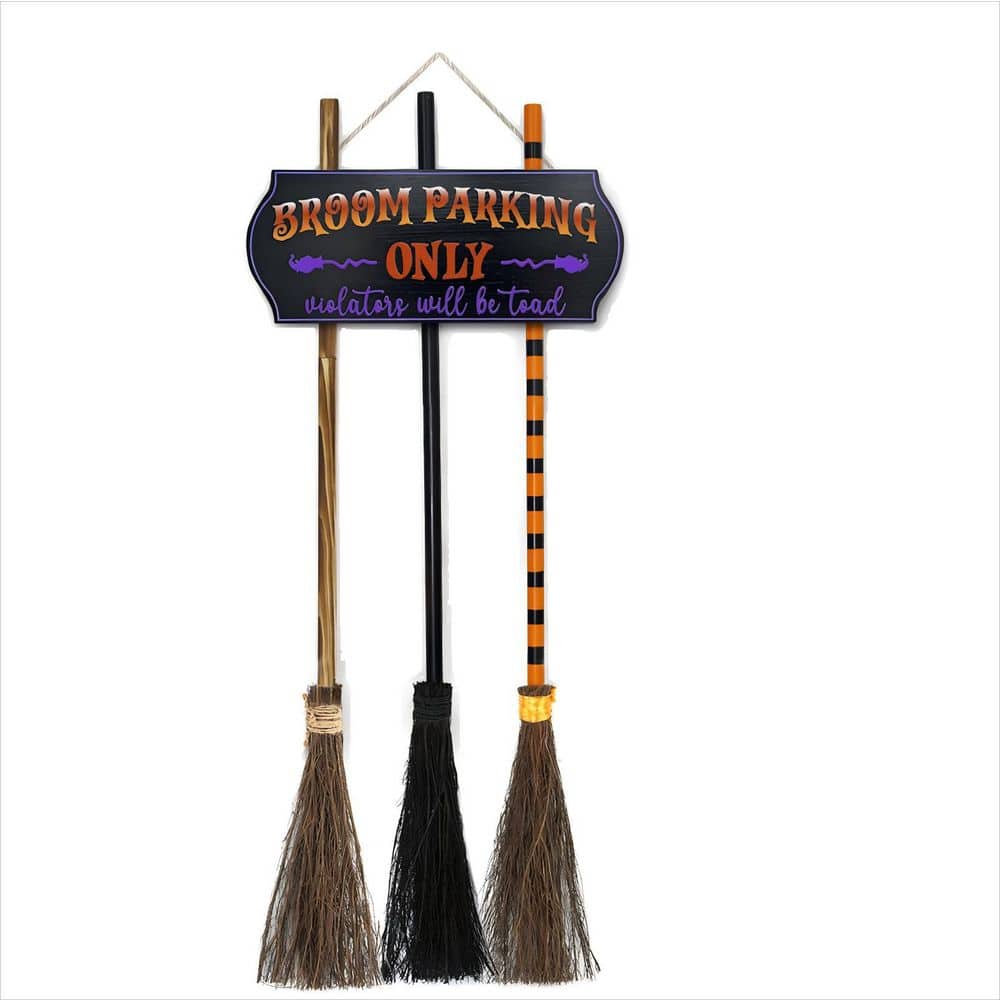 OGETFUUR Broom Parking Sign with 3 Wooden Witches Brooms, Halloween Decorations for Indoor and ...