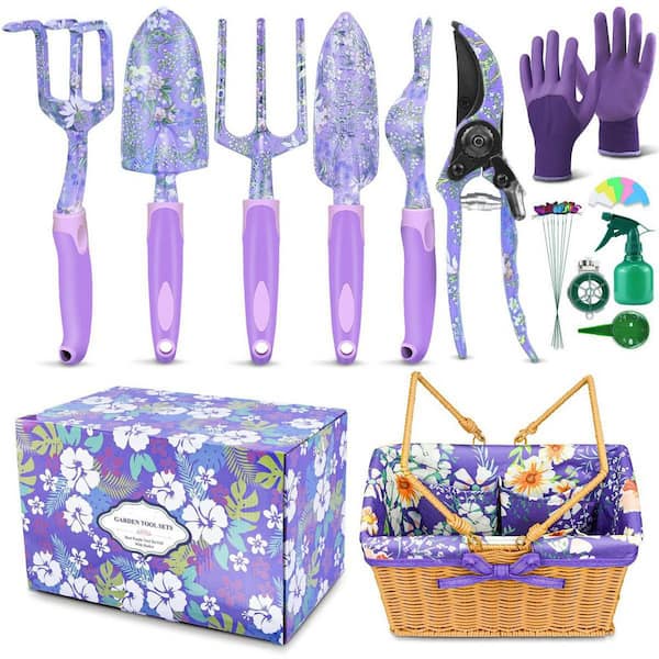 43-Piece Floral Purple Heavy-Duty Garden Tool Set with Bastket ...