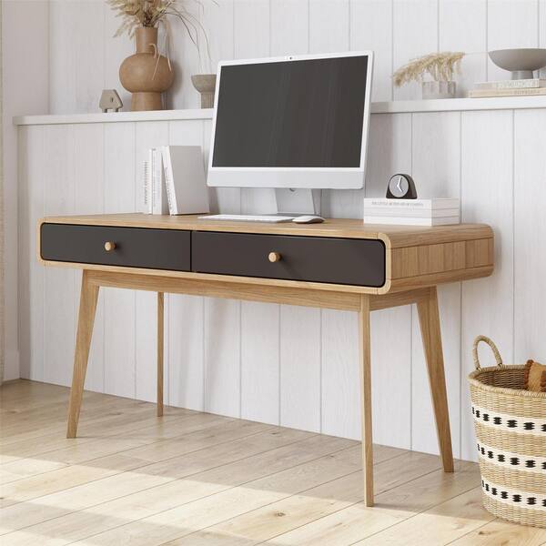 REN HOME THE ART OF SCANDINAVIAN DESIGN Leva 47 in. W Rectangular Oak and Black Wood 2 drawer Desk 3003009 The Home Depot