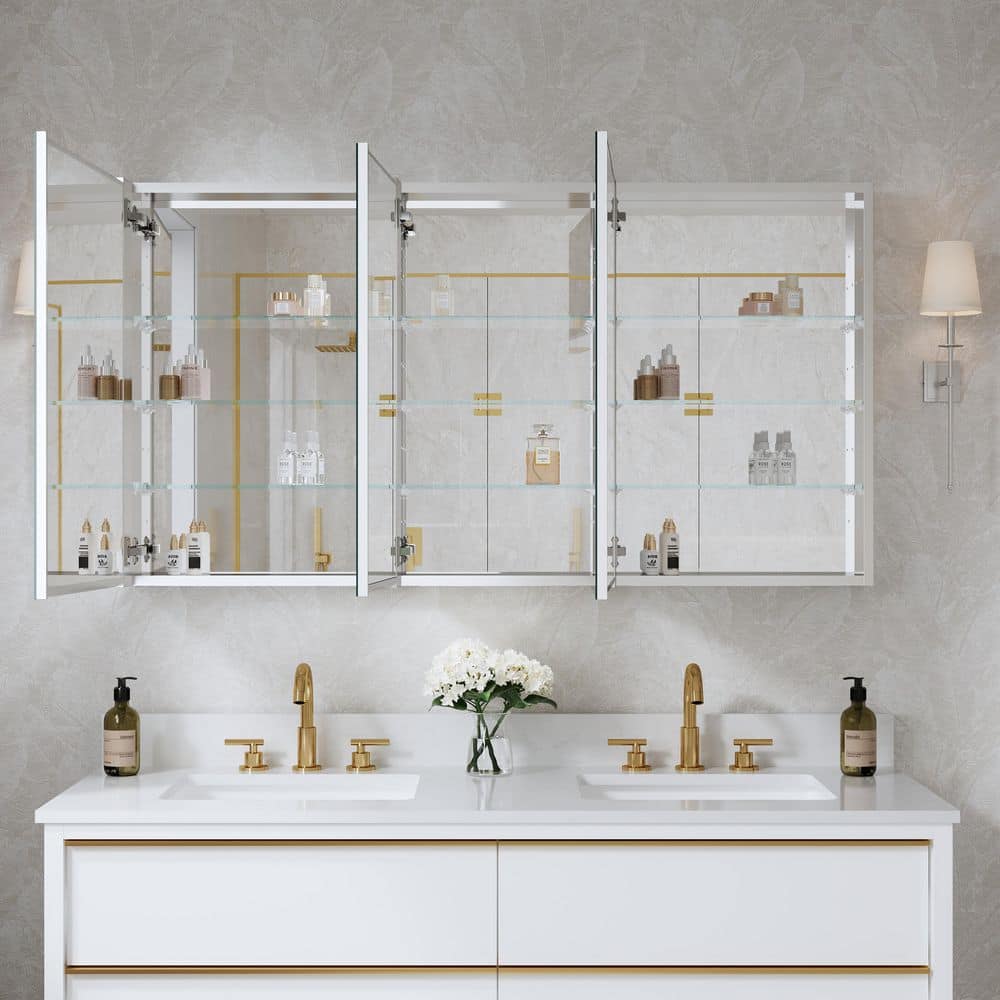 WELLFOR ROSA 56 in. W x 30 in. H Rectangular Aluminum Tri-View Medicine Cabinet with Mirror ...