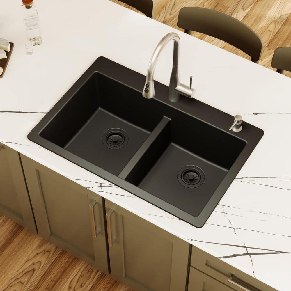 Karran QT 33 in. Drop-in 50/50 Double Bowl Black Quartz Granite ...