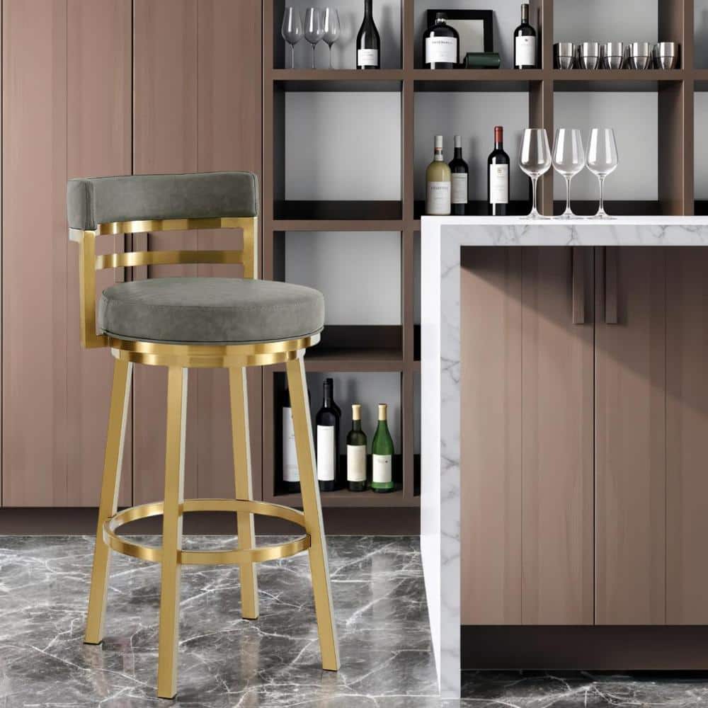 HomeRoots 30 Gray Low Back Metal Bar Stool Faux Leather Seat 2000569171 ...