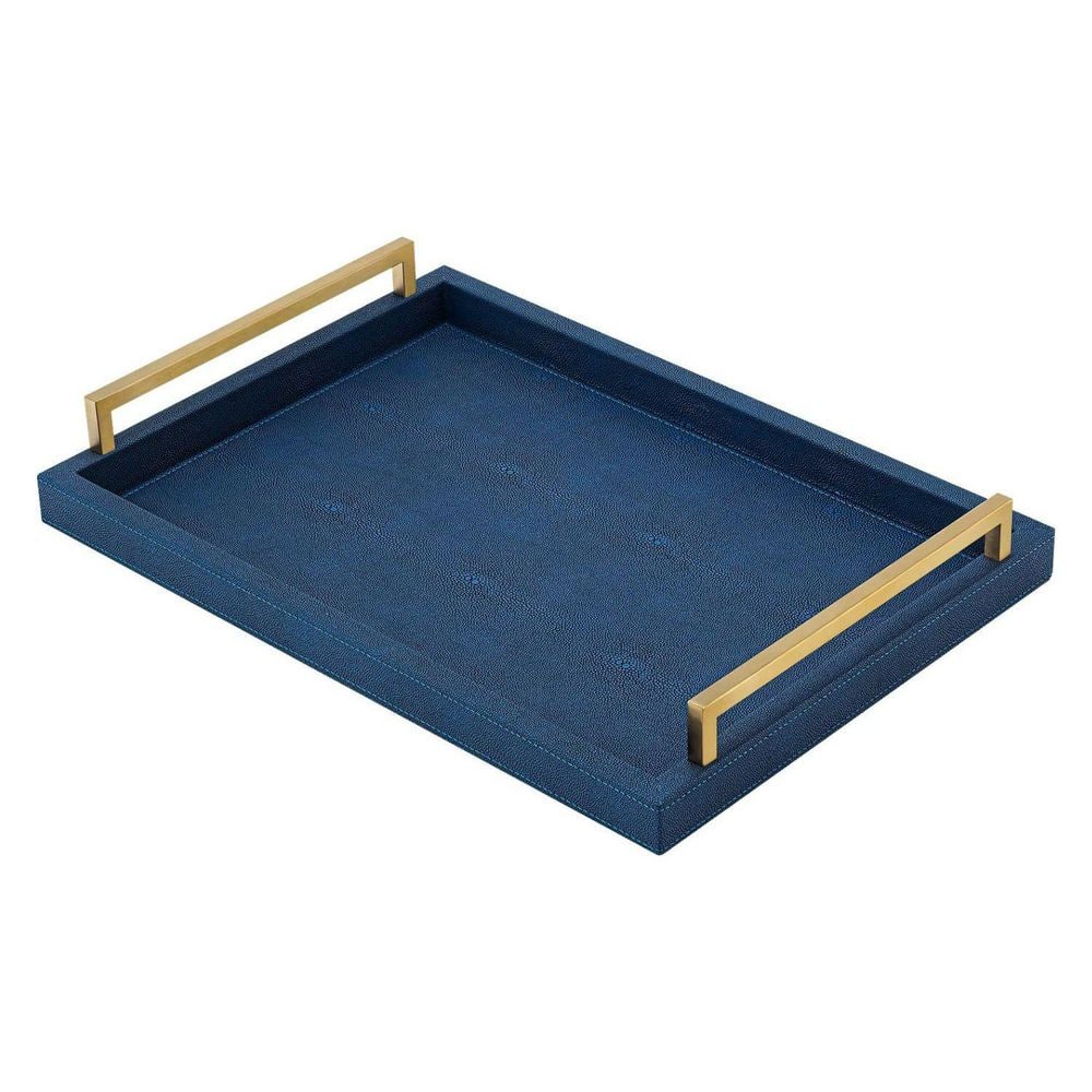 Blue Faux Leather Serving Tray with Brushed Gold Handles (17 x 12 in ...