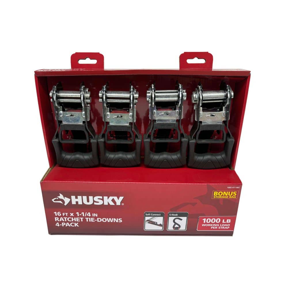 Husky 16 ft. 1.25 in. Ratchet Tie-Down Straps with S-Hook (4-Pack ...