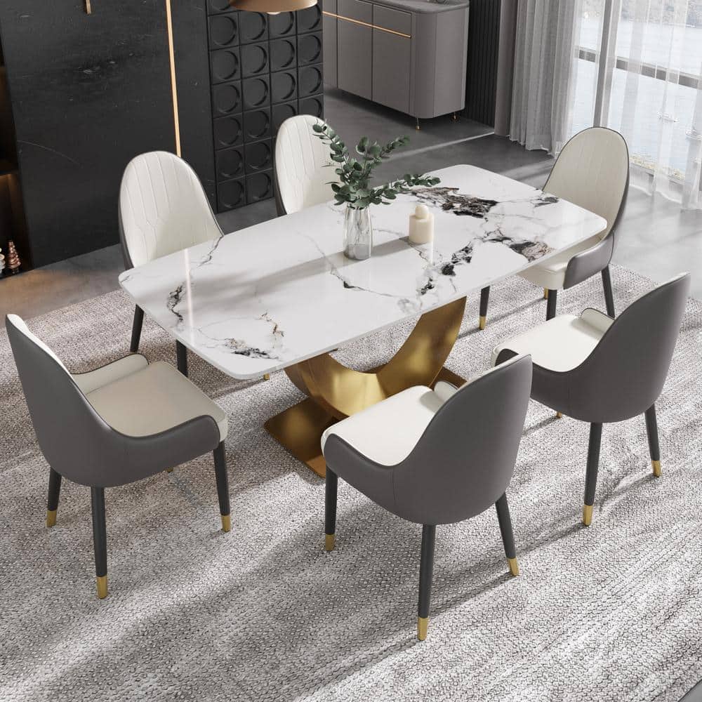 J&E Home Pandora White Marble Top 70.86 in. W Luxe Dining Table with ...