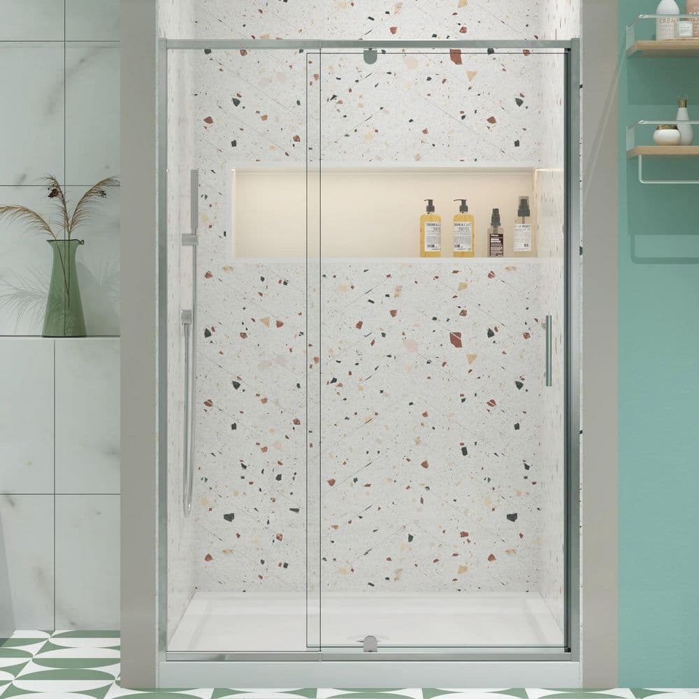 Aionor 38-42 in. W x 71 in. H Frame Pivot Swing Shower Door in Chrome with 1/4 in. Tempered ...