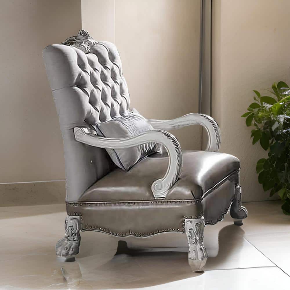 Benjara White Faux Leather Arm Chair with Pillow and Carved Button ...