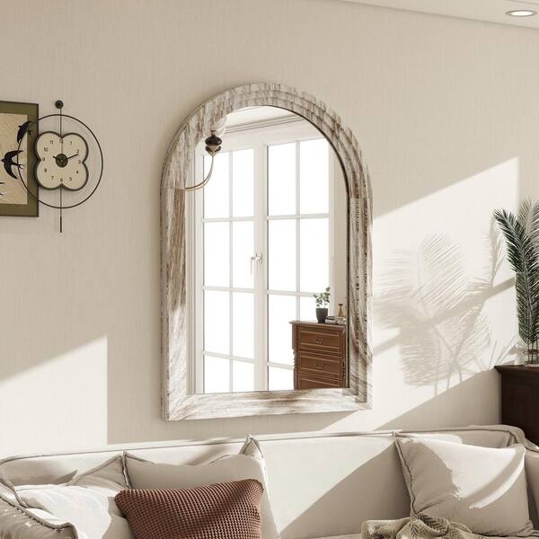 XRAMFY 30 in. W x 40 in. H Arched Classic Light Beige Wooden Framed ...