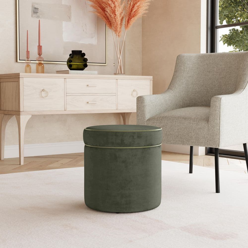 Homepop Loden Green Velvet Round Storage Ottoman K8789-B311 - The Home ...