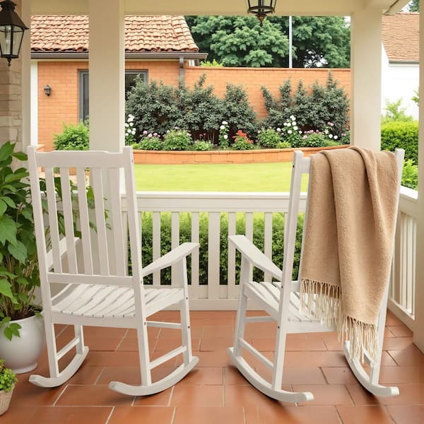 Tozey 2-Pieces White Acacia Wood Outdoor Rocking Chair Outdoor Porch ...