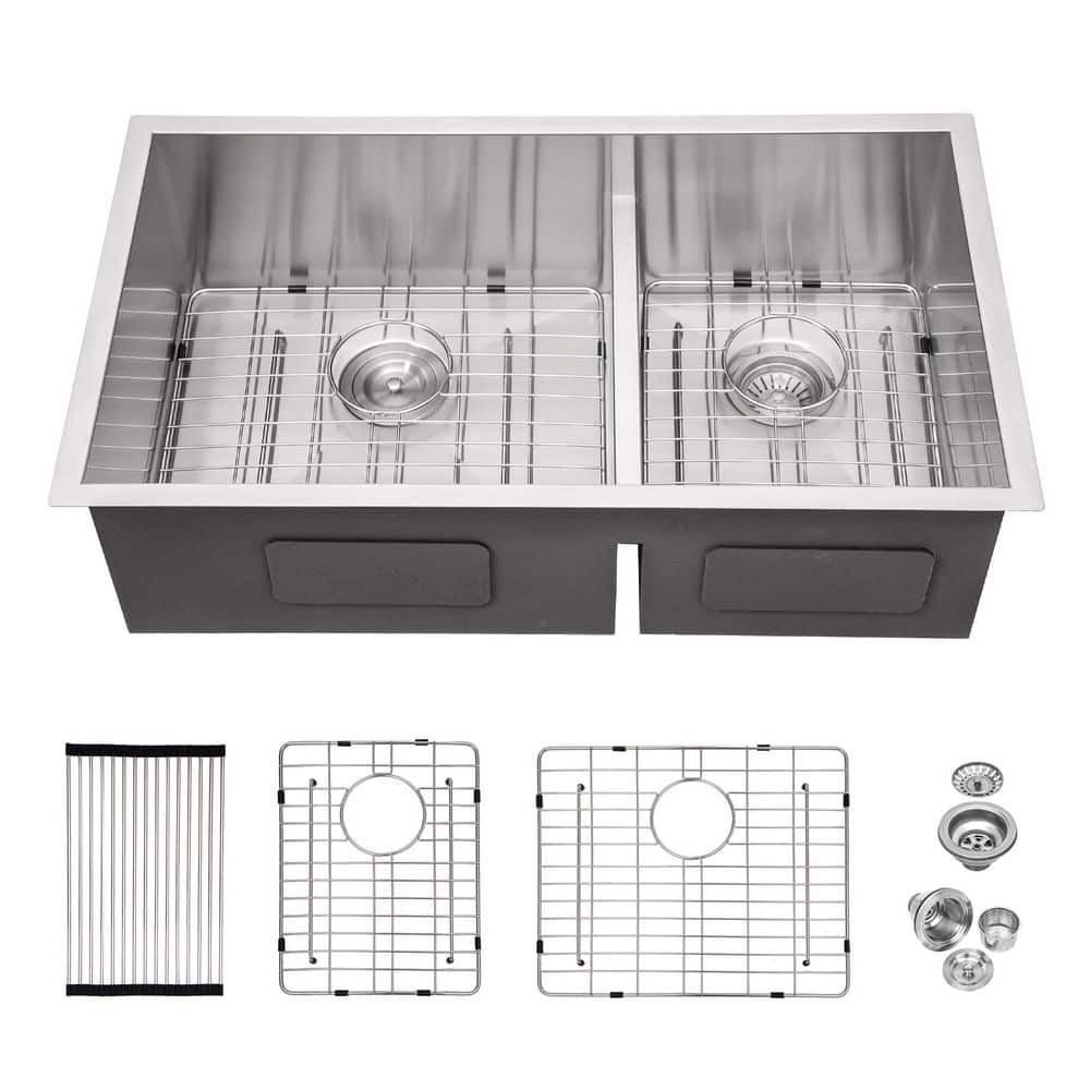Tidoin 33 in. Drop-In/Undermount Double Bowl 16-Gauge Brushed Nickel ...