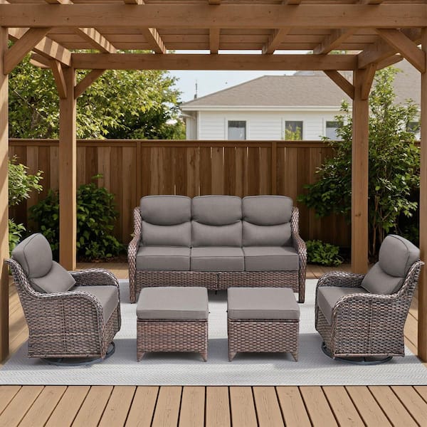 Opohoro Arcadia Brown 5-Piece Wicker Patio Conversation Set with Swivel ...