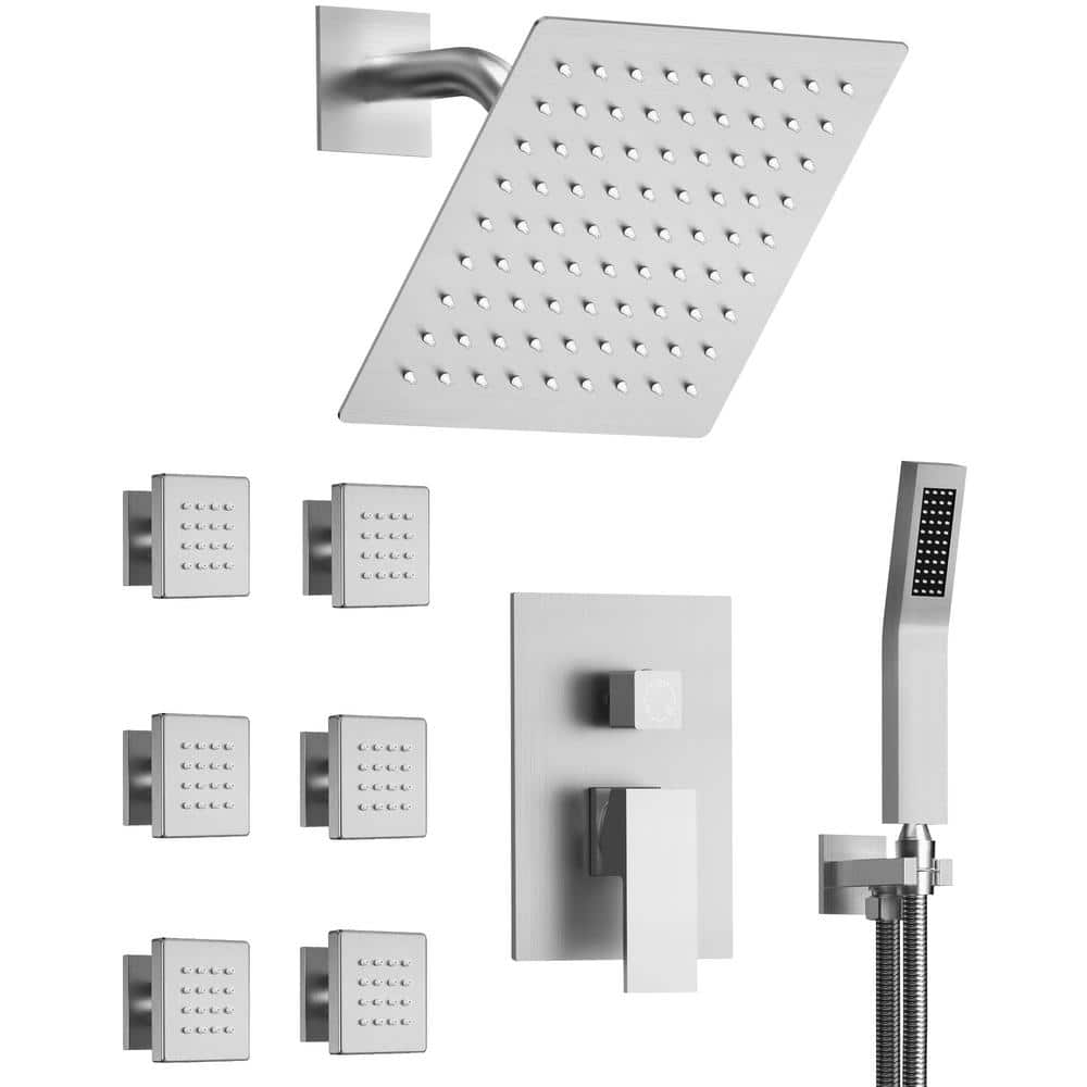 GRANDJOY 10 in. 3-Spray Square Wall Bar Shower Kit with Hand Shower, 6 ...