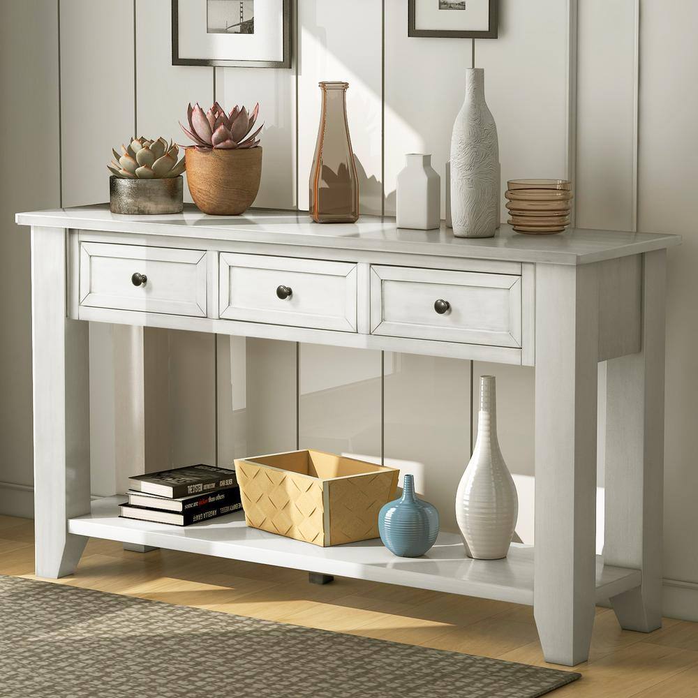 Harper & Bright Designs 55.1 in. Retro White Rectangle Wood Console ...