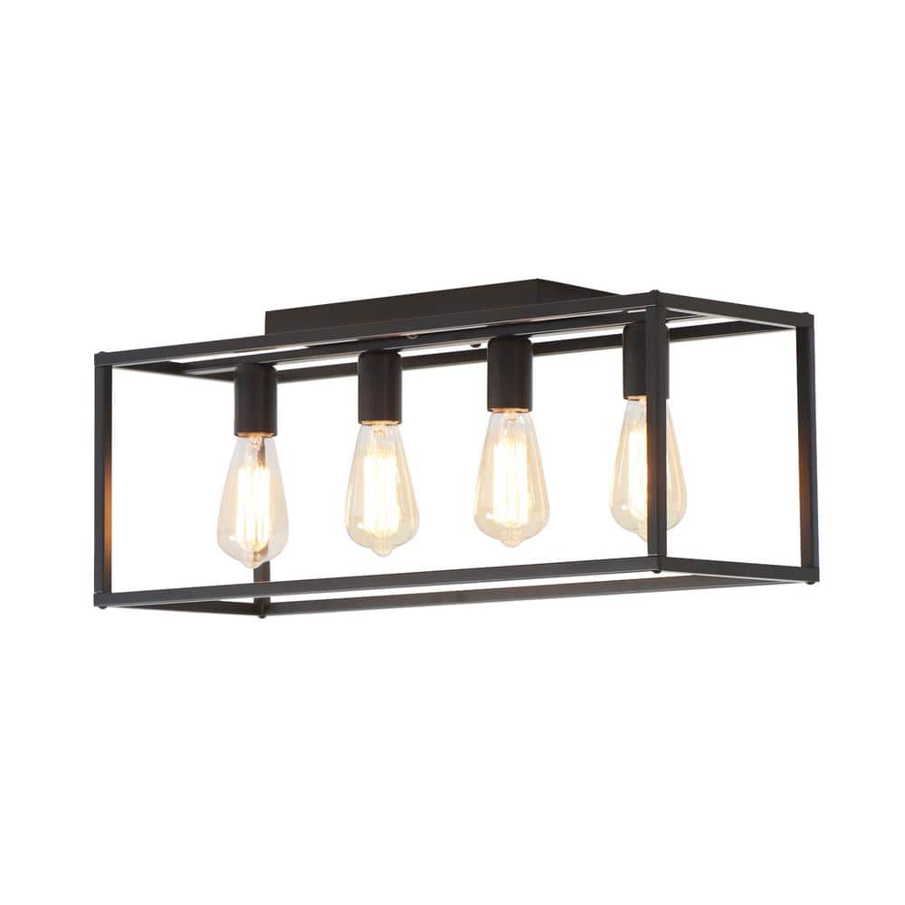 UMEILUCE 24 in. 4-Light Farmhouse Black Rectangle Cage Flush Mount with ...