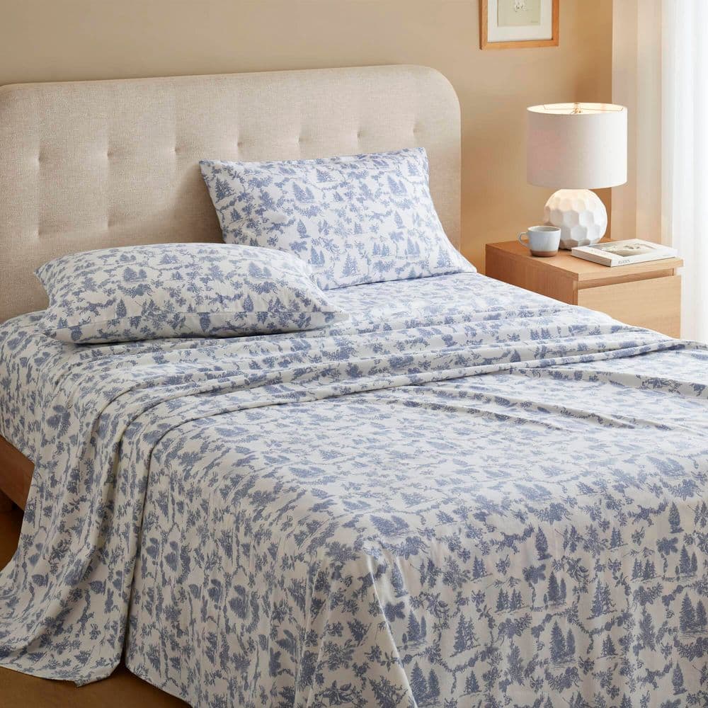 TRUE NORTH Cozy Cotton Flannel 4-Piece Toile pine trees Cotton Cal King ...