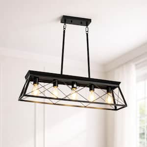 MODERN HABITAT 32 in. 5-Light Matte Black Finish and Oak Fixture Color ...