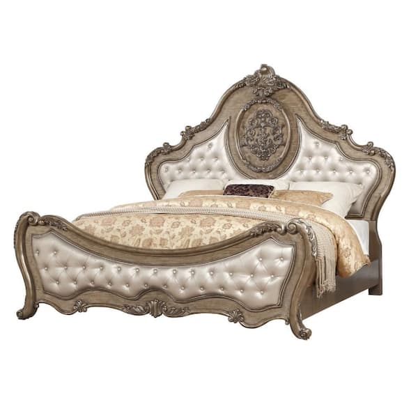 Benjara Leatherette Gold Wood Frame King Size Panel Bed with Scrolled ...