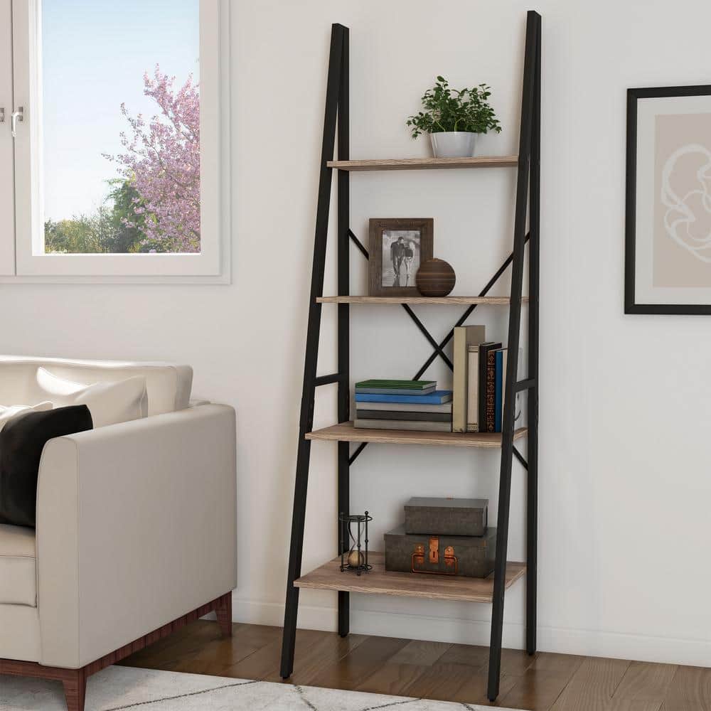 Lavish Home 72 in. Gray and Black Wooden 4-Shelf Leaning Ladder ...