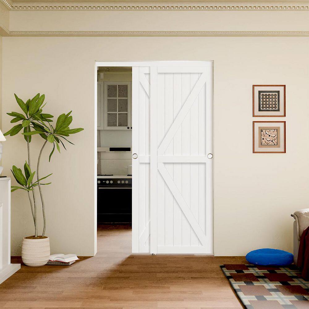 TENONER 60 in. x 80 in. K Shape MDF Sliding Door with Hardware Track ...