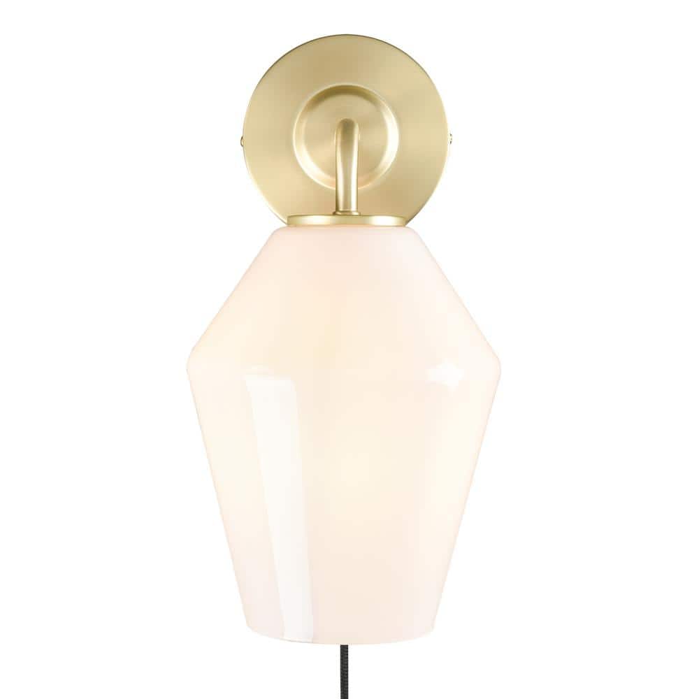 Light Society Clare 1-Light Brushed Brass/Opal Plug-In Wall Sconce with ...