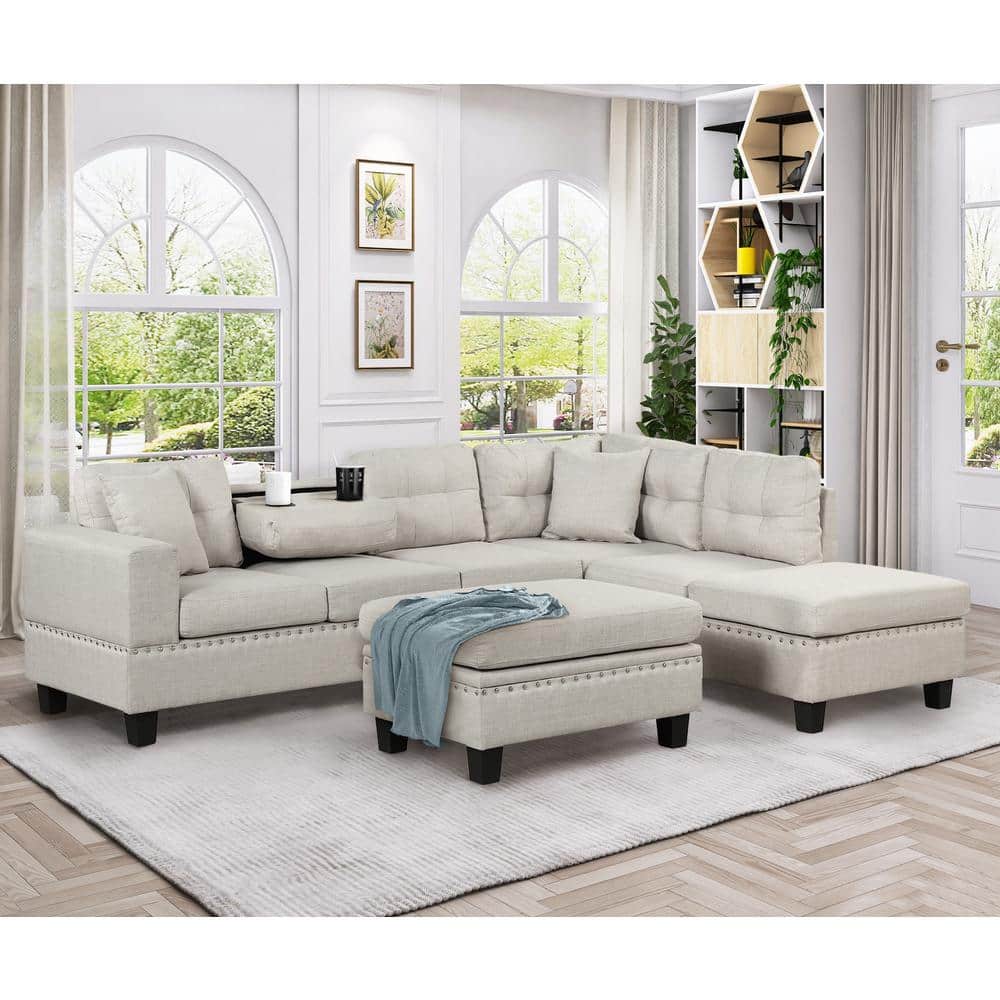 Harper & Bright Designs 105 in. L Shaped Modern Linen Sectional Sofa in ...