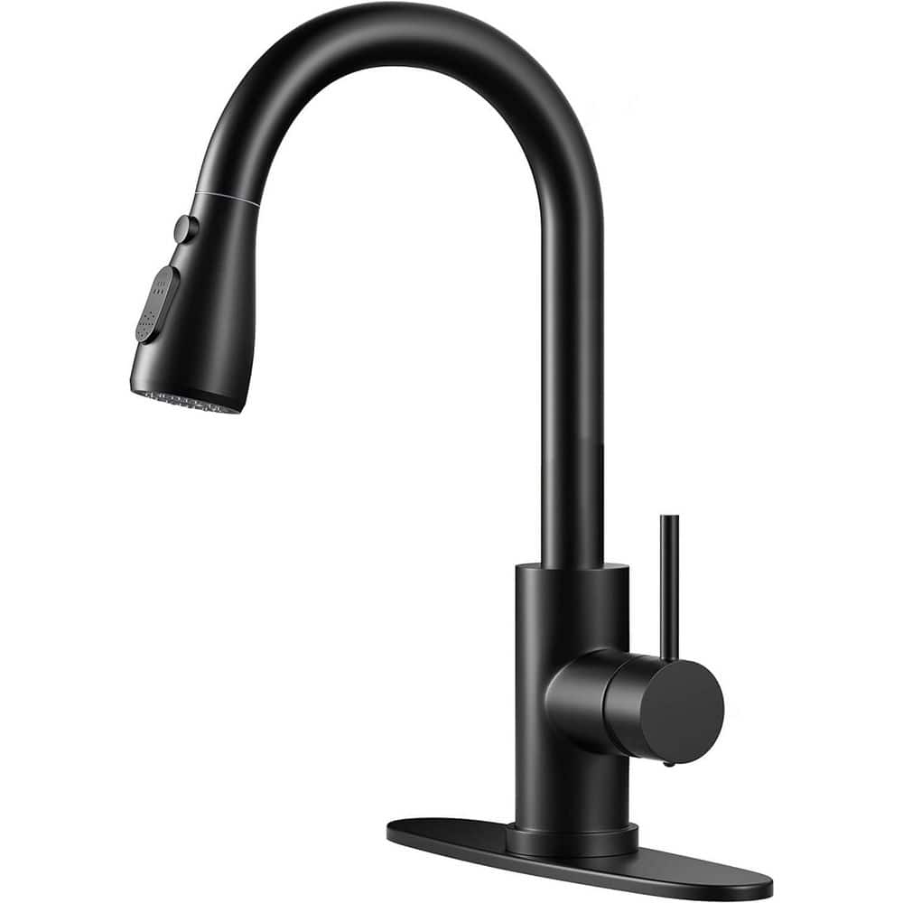 MTTCLE Matte Black 14 in. H Pull Down Sprayer Kitchen Faucet with 360° Spout Swivel Stainless ...