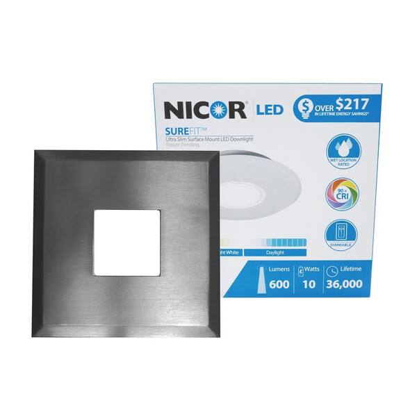 NICOR SureFit 9.6-Watt Square Nickel Integrated LED Flush Mount with ...