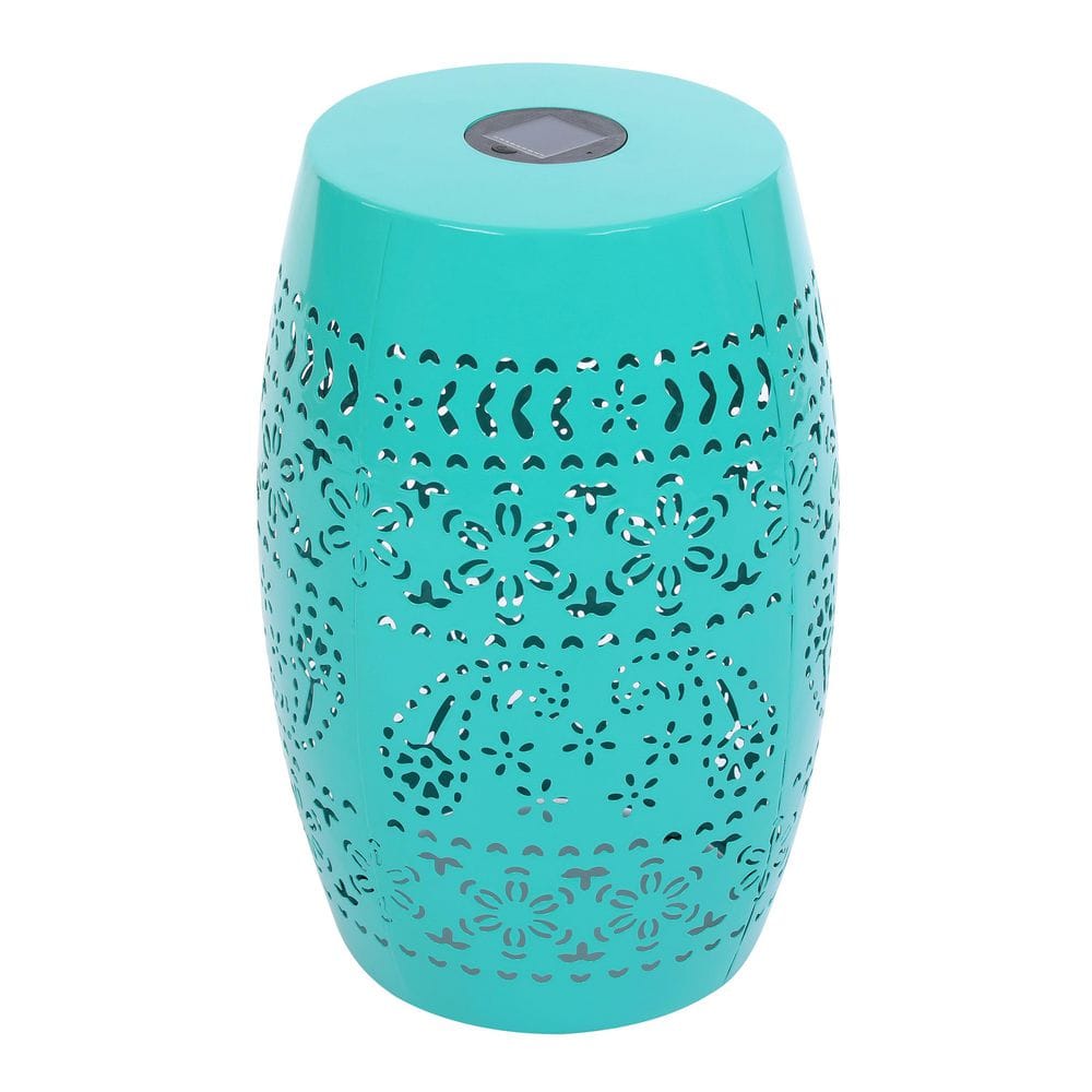 Teal Round Metal Outdoor Solar Side Table with Built-in Solar Battery ...