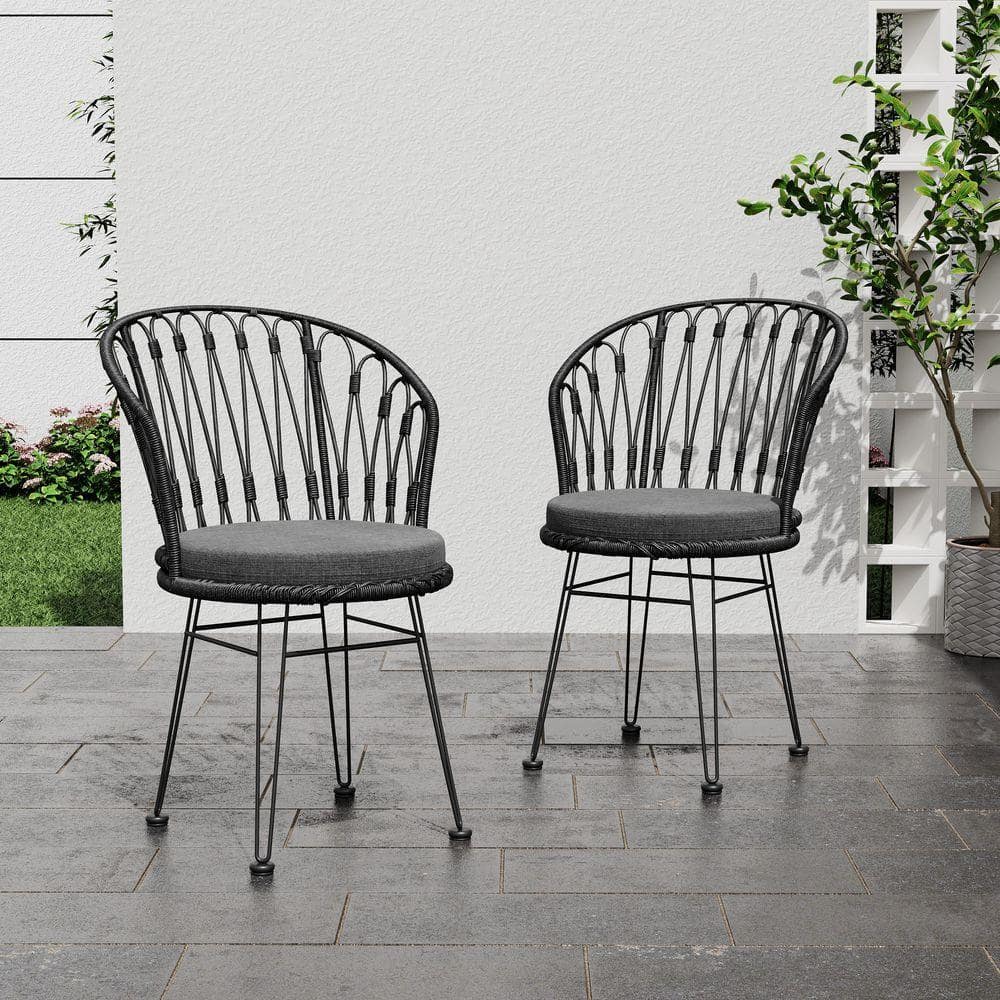 Dark Gray TAVON PE Wicker Outdoor Dining Chairs with Light Gray ...