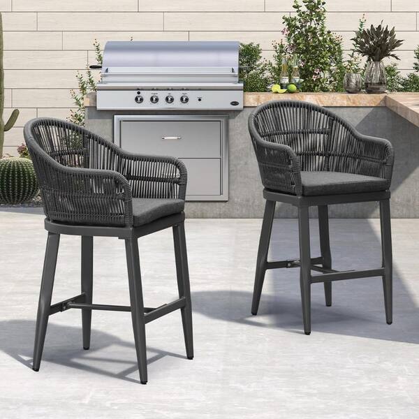 PURPLE LEAF Modern Aluminum Rattan Counter Height Outdoor Bar Stool with Back and Grey Cushion 2 Pack PPL03 VTZB GY