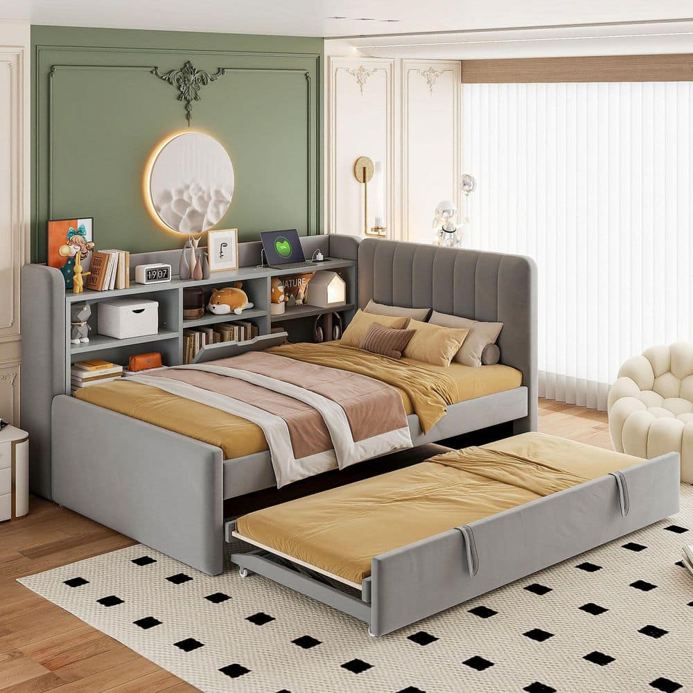 Qualler Gray Twin Upholstered Daybed with Trundle, Storage Shelves and ...