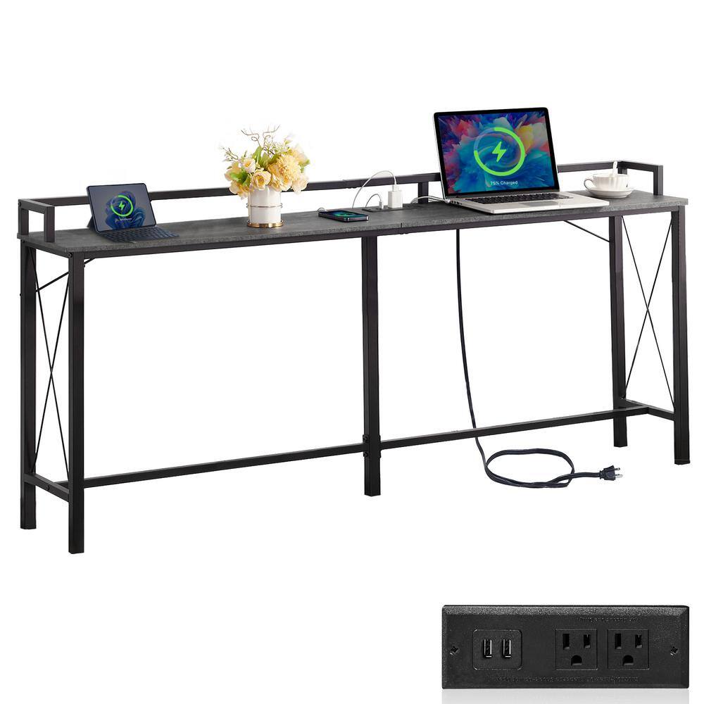 VECELO Narrow Charging Station 70.9 in. Gray Rectangle Wood Console ...